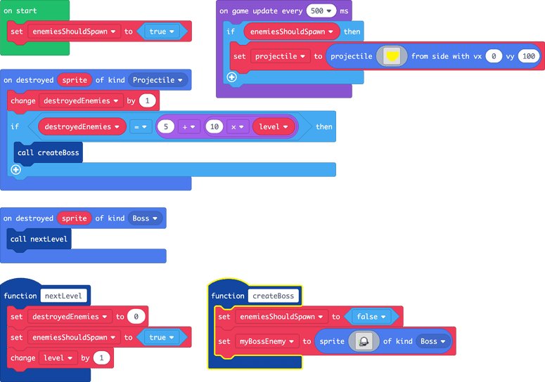 Creating levels and end boss - Arcade - Microsoft MakeCode