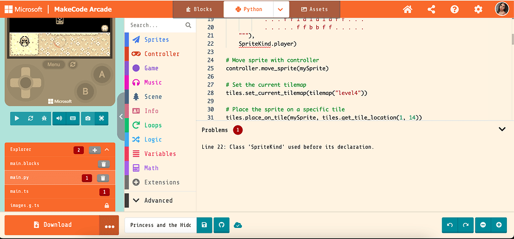 Error - Class 'SpriteKind' used before its declaration - Arcade - Microsoft MakeCode