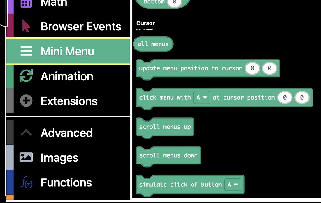 Adding cursor support to the mini menu extension! - Arcade - Microsoft MakeCode