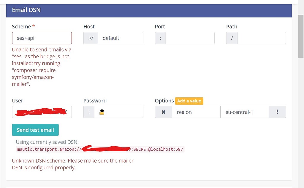 Mautic 5.3 email setting : Unable to send emails via "ses" as the bridge is not installed ...