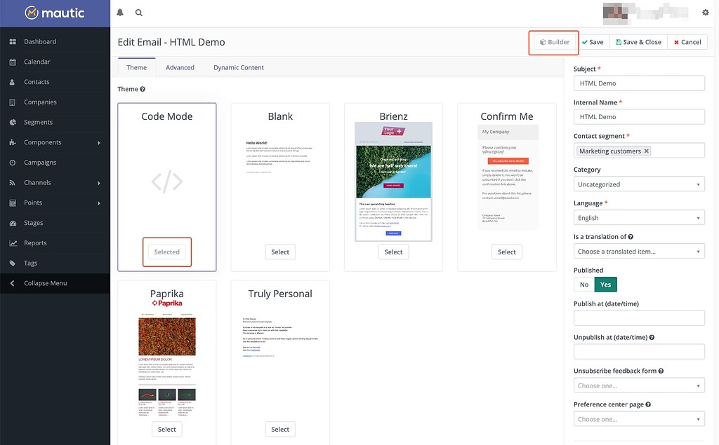 Builder in Code Mode is not available - Product Support - Mautic Forums