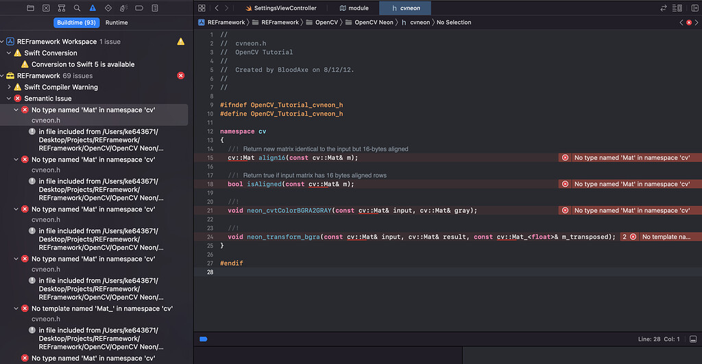 Getting OpenCV ObjectiveC++ errors while converting our swift app into ...
