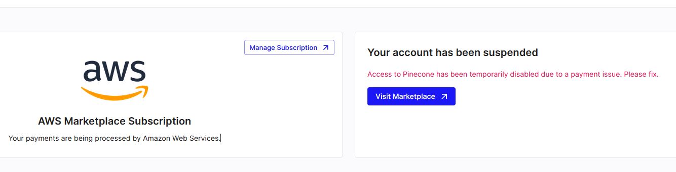 Not able to access Pinecone due billing issue with AWS Marketplace - Support - Pinecone Community