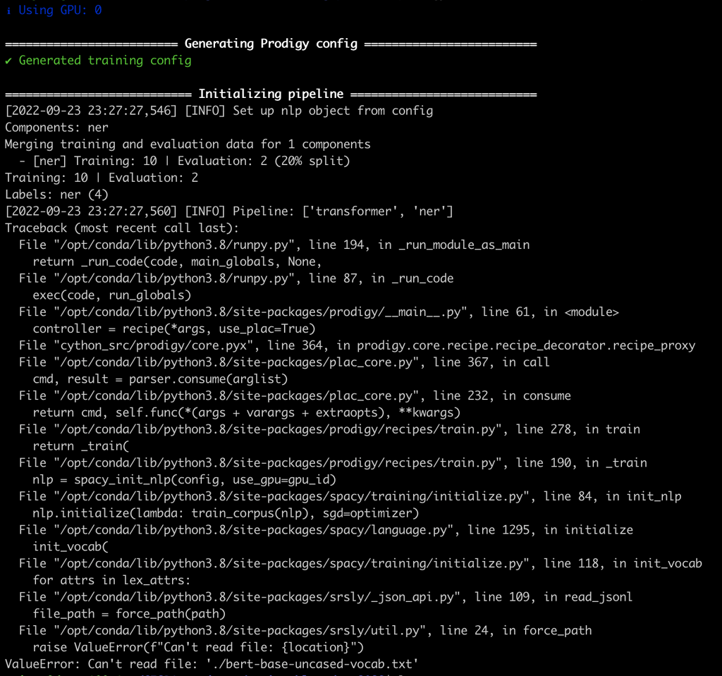 config.cfg for bert.ner.manual - usage - Prodigy Support