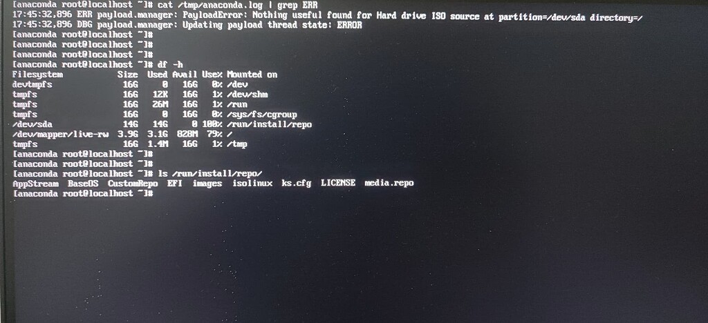 Custom rocky 8.10 iso file with kickstart is failing to install with error "Error setting up ...