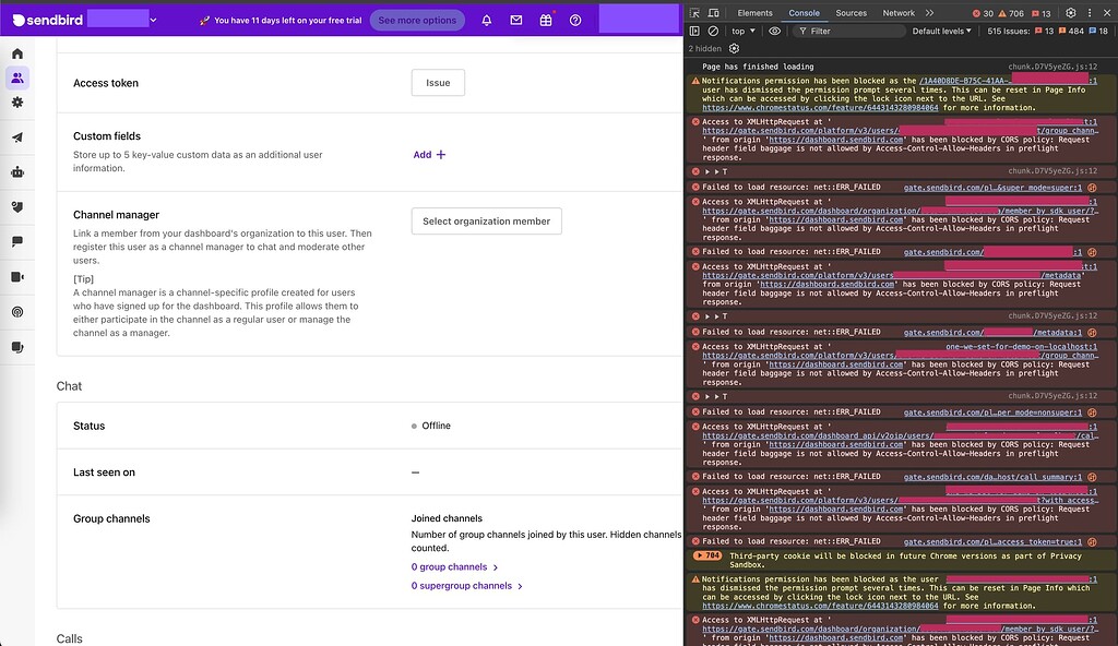CORS error in users and channels screens - Sendbird Dashboard - Sendbird Community