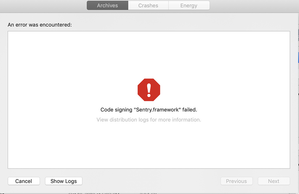 Ios Error In Trying To Upload Archive Build To App Store When Sentry