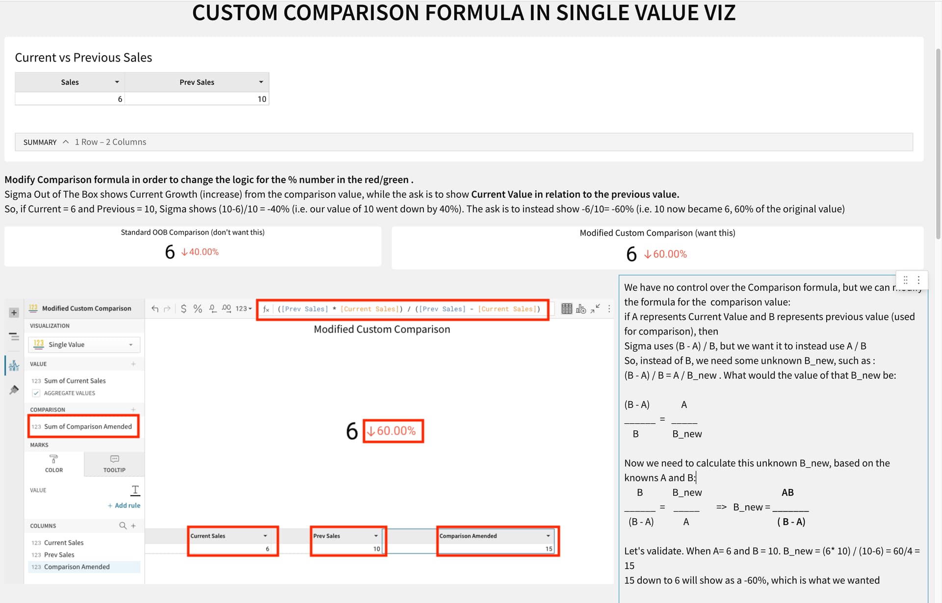 Custom Comparison Formula and Percent of Previous Value In a Single ...
