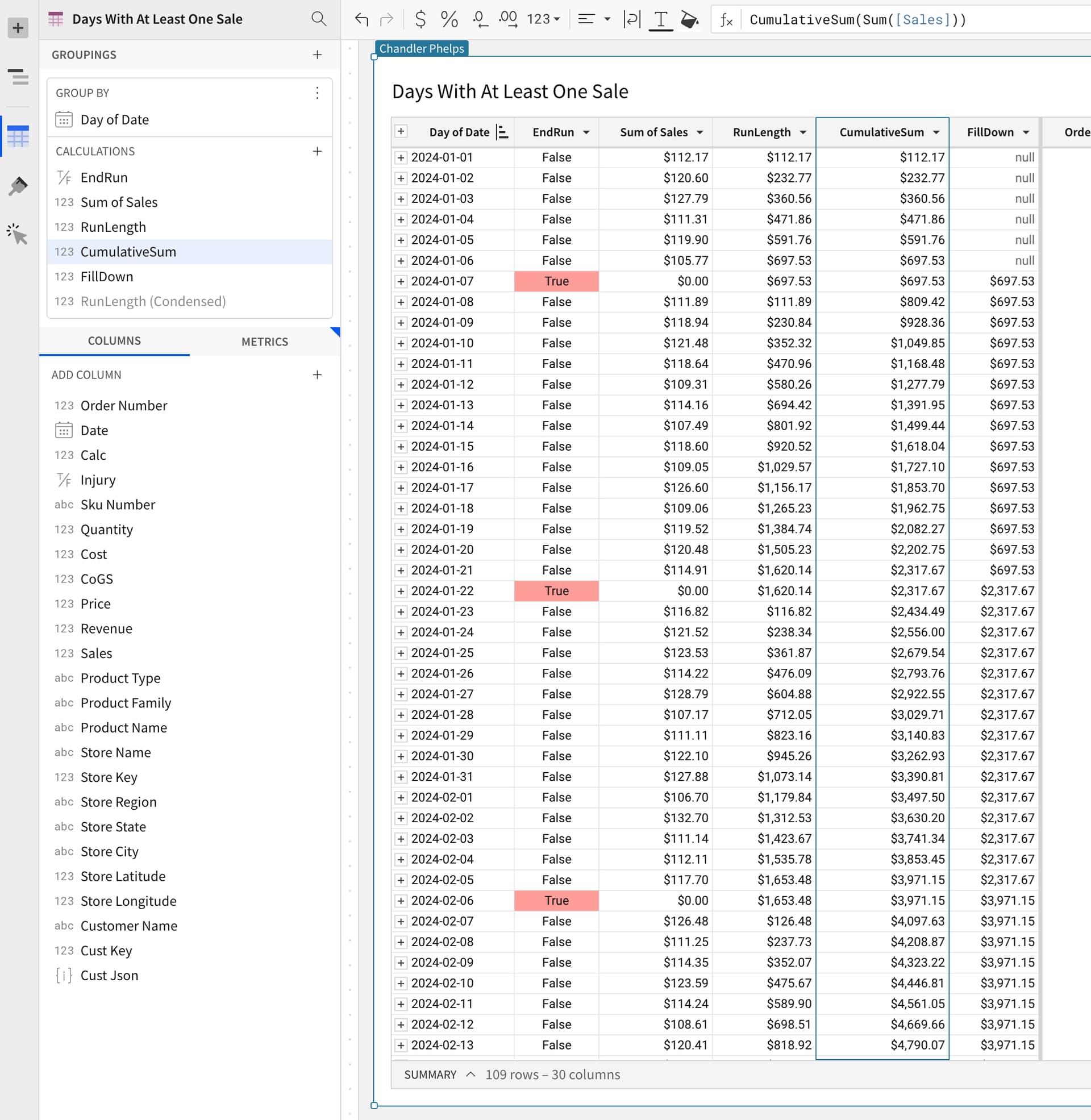 Finding Streaks/Runs in ordered data using CumulativeSum() and FillDown() - Sigma Formulas and ...