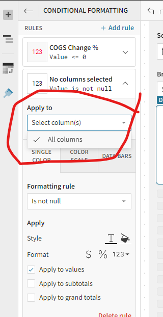Conditional Format - Can't select multiple Columns - Workbooks and Visualizations - Sigma Community