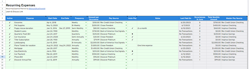 Documentation: Recurring Expense Entry sheet - Google Sheets - Tiller ...