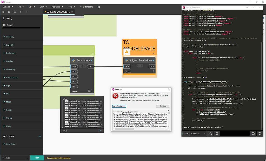 Unhandled exception has occurred in a component in your application... Dynamo for Civil 3D 2023 ...