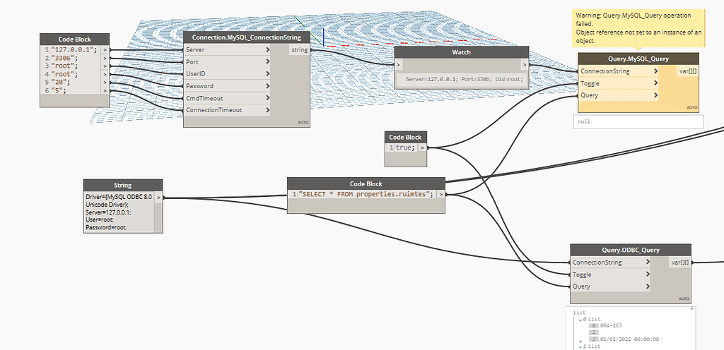 MySQL to Dynamo connection. Object reference not set to an instance of an object - Revit - Dynamo