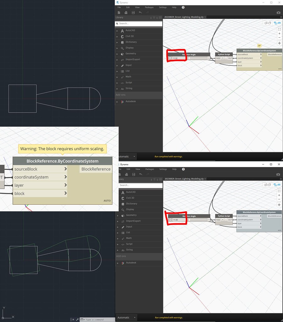 Coordinate System, invalid rotation values. Block Reference Instances - Civil 3D - Dynamo
