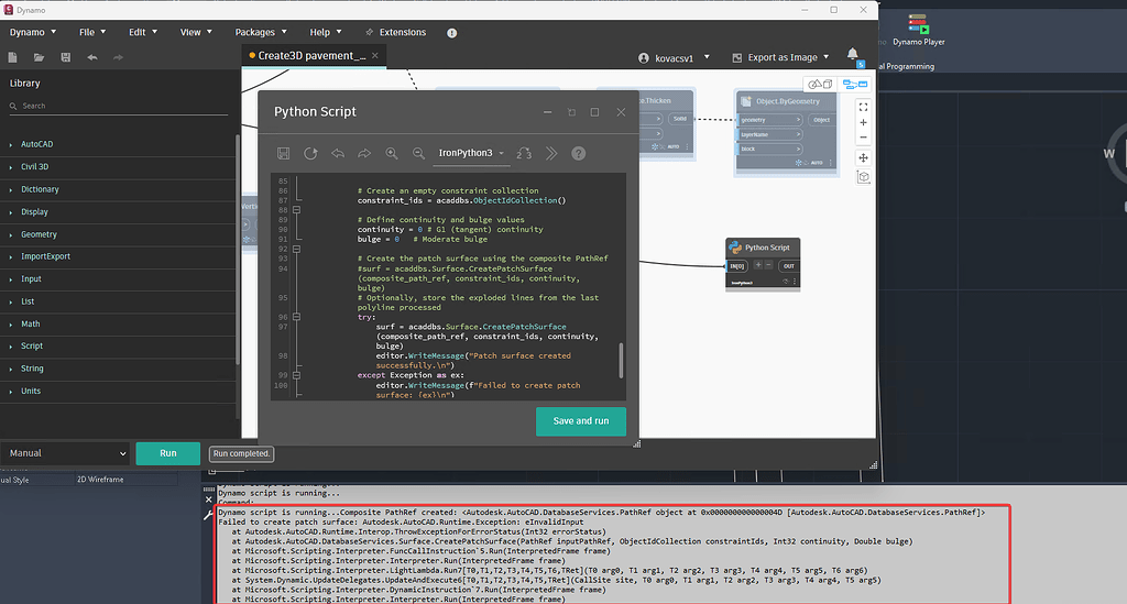 Unable to create surface patch in Acad using API - Civil3D - Dynamo