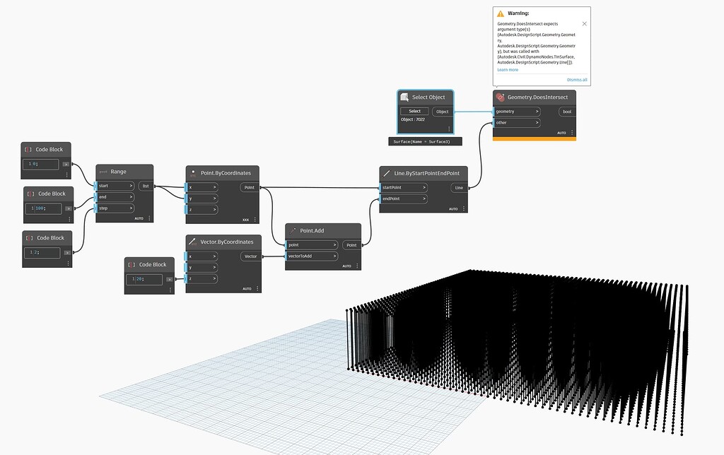 Intersect surface with lines to get points and create piles - Civil 3D - Dynamo