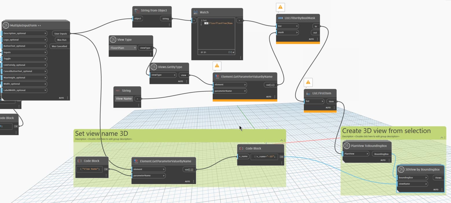 Create 3D views from severall Floorplans by selection - Revit - Dynamo