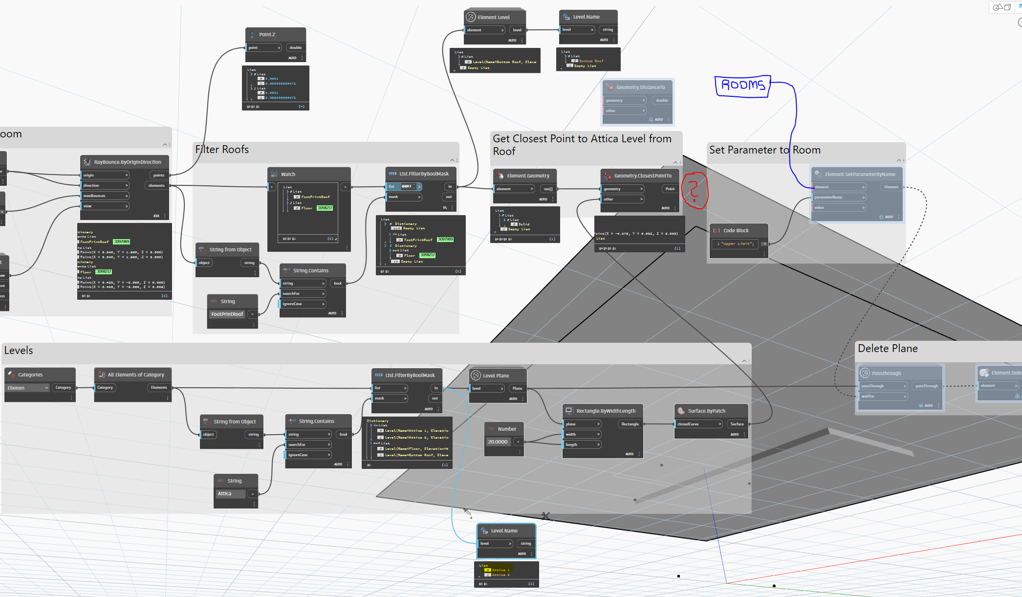 Get nearest level over roof and set to room - Revit - Dynamo