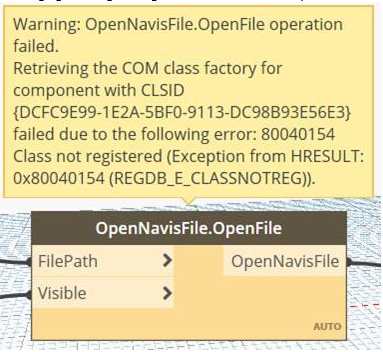 DynaWorks Warning: OpenNavisFile.OpenFile operation failed. COM class factory error: 80040154 ...