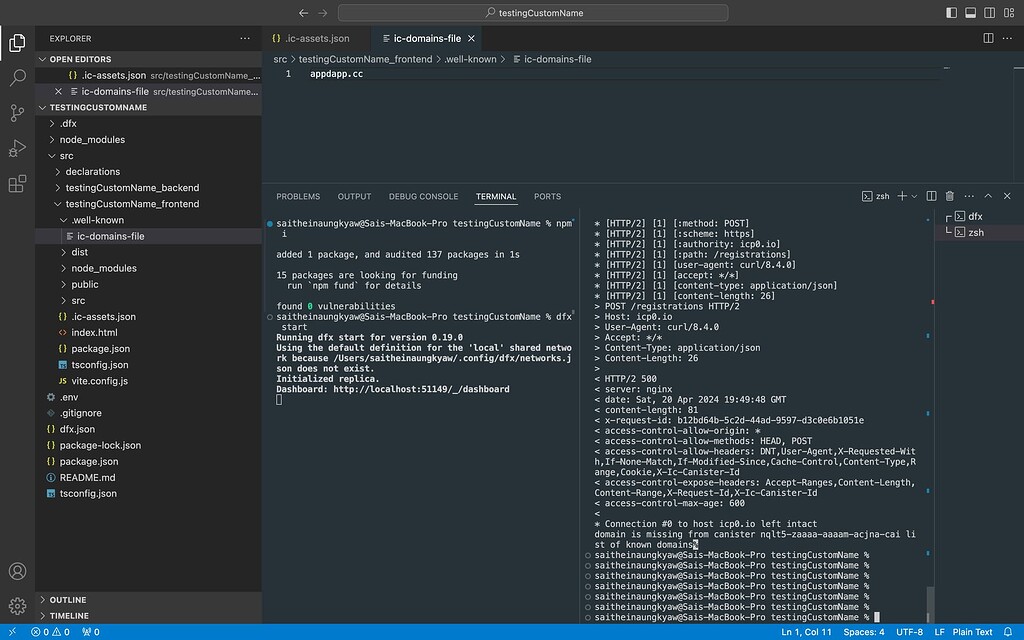 Connection #0 to host icp0.io left intact domain is missing from canister nqlt5-zaaaa-aaaam ...