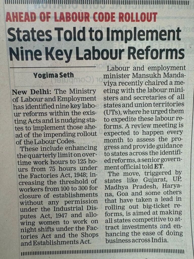 Ahead of Labour Code Rollout - States told to implement 9 key Labour ...