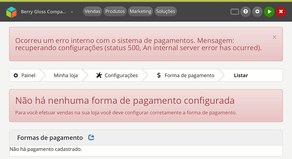 Erro 500 na forma de pagamento - Domínio e Acesso à loja - Comunidade Loja Integrada