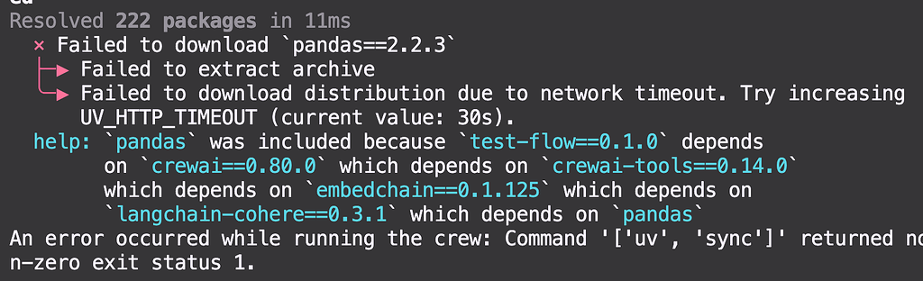 Crewai install/run failed even following the example on pypi page ... Crewai install/run failed even following the example on pypi page ...
