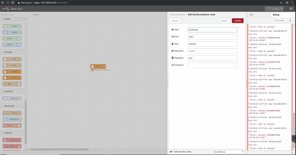 MySQL node "connection refused" error - General - Node-RED Forum
