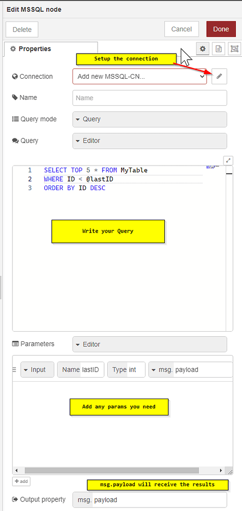 How Get or Read data from SQL Server in node red? - General - Node-RED Forum