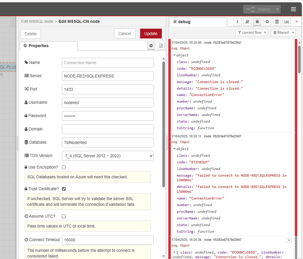 Node-red-contrib-mssql-plus-0.12.2 - Failed to connect - General - Node-RED Forum