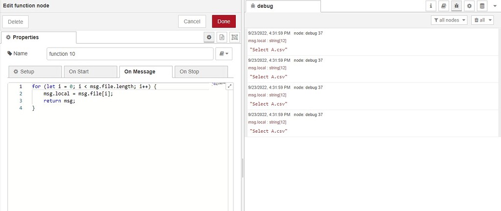 How can I write CSV file and change filename with name list in array - General - Node-RED Forum