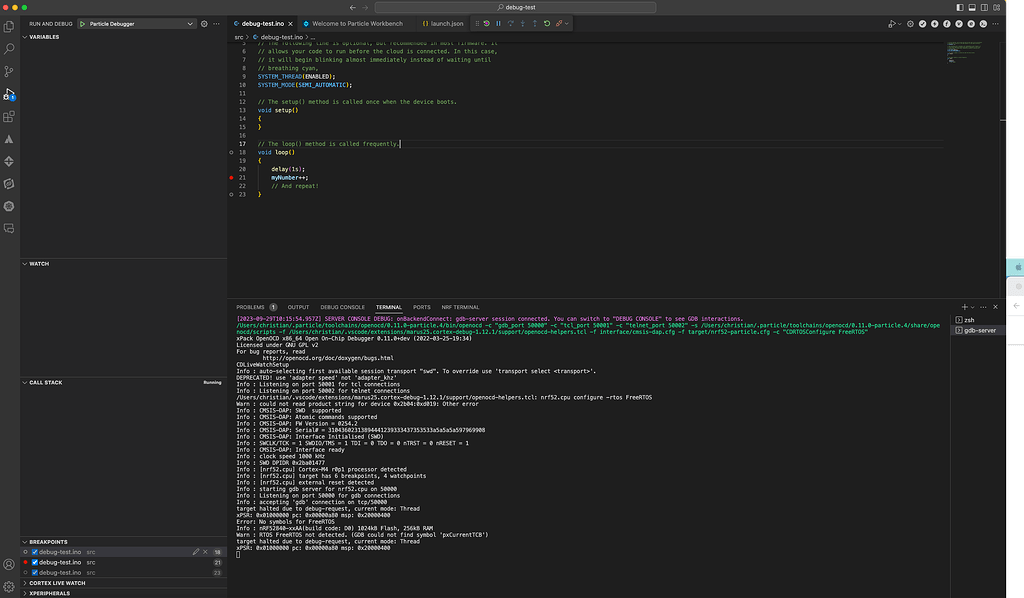[ISSUE] Breakpoints not being respected using Particle Debugger for a B52x SoM board - Developer ...