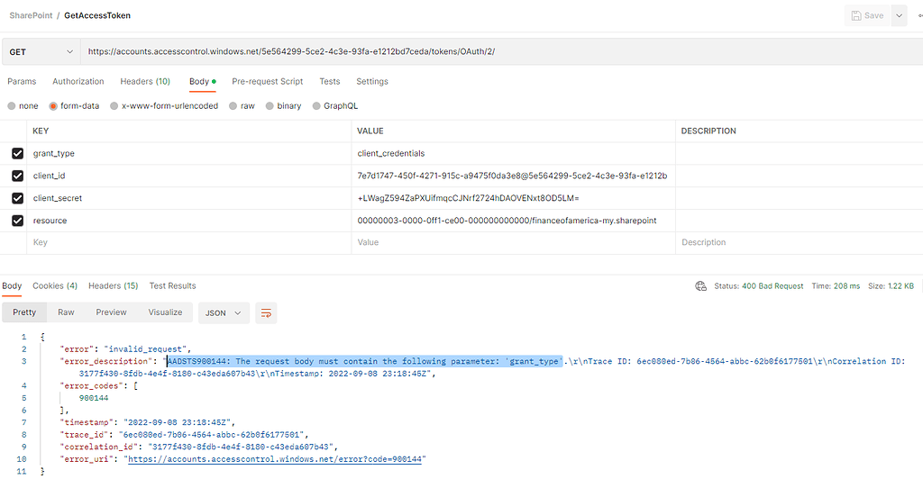 AADSTS900144: The request body must contain the following parameter ...