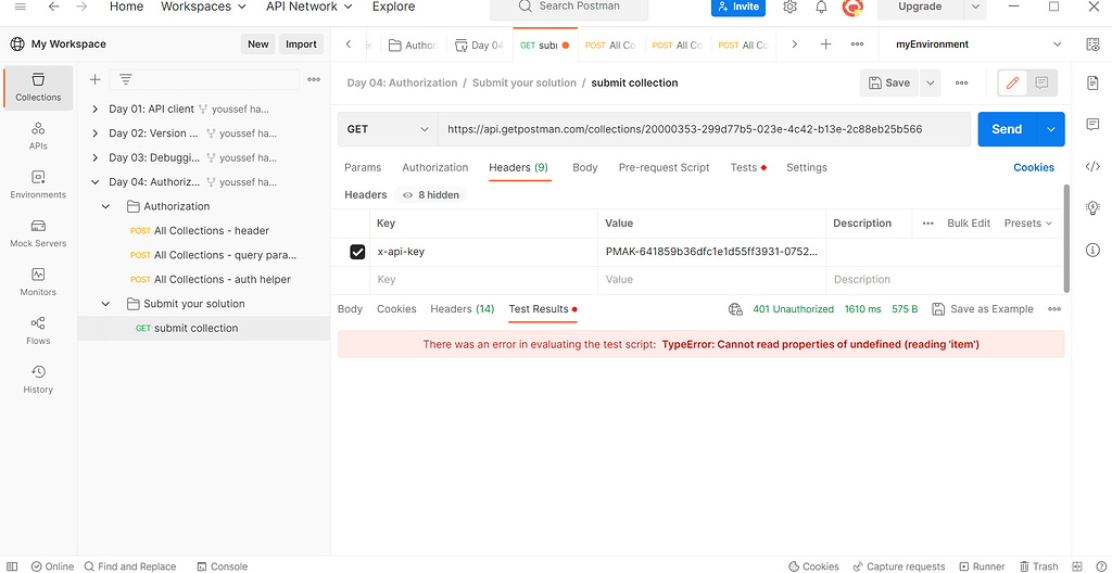 15-day challenge and facing an error on day 4 related to invalid API key and a TypeError message ...