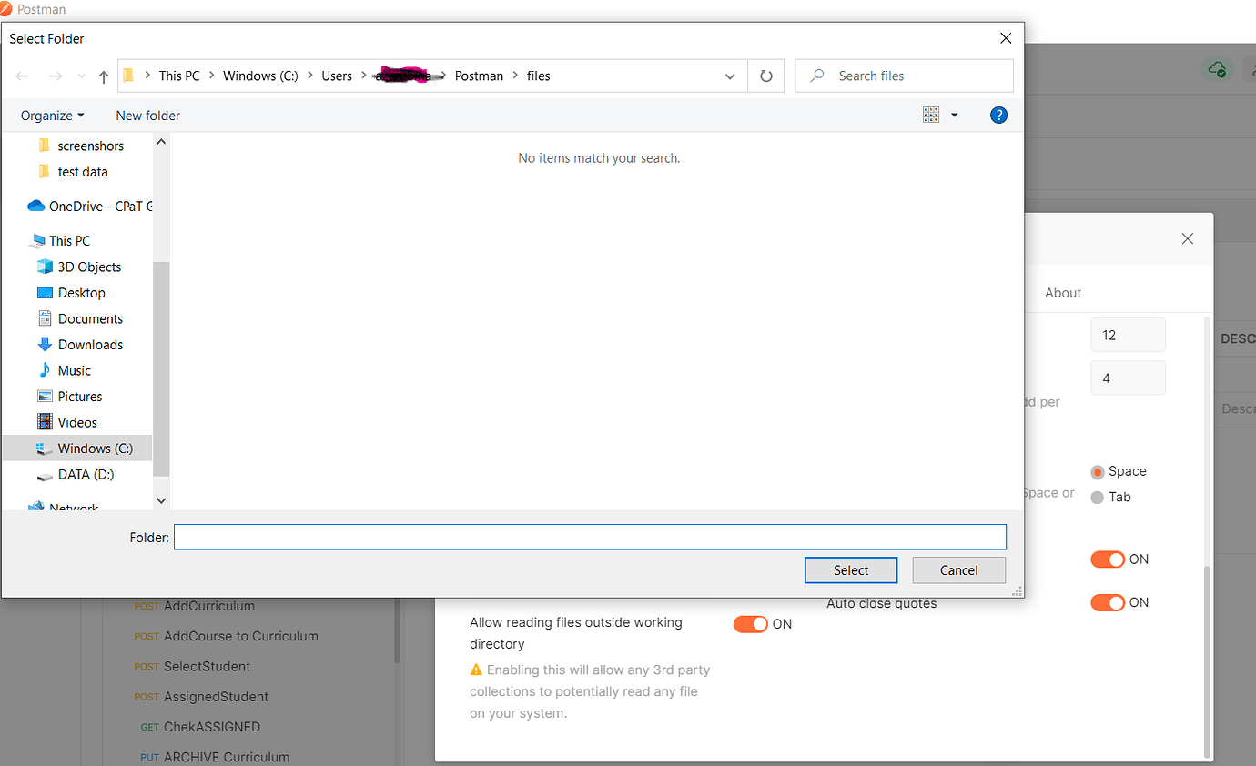 Can't select file at form-data, "Make sure that Postman can read files ...