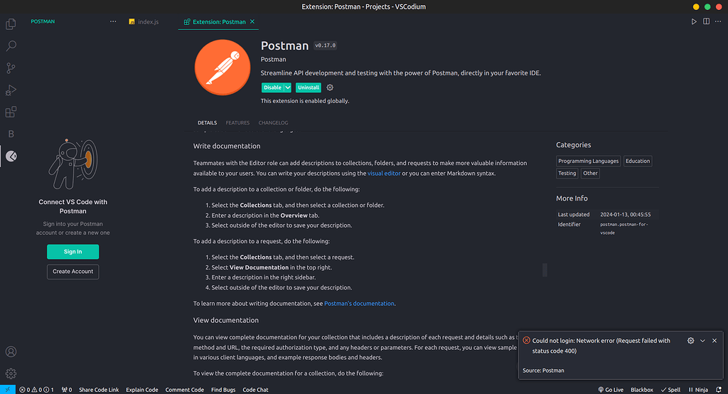 Visual Studio Code Sign In Postman: Network error - Help Hub - Postman ...