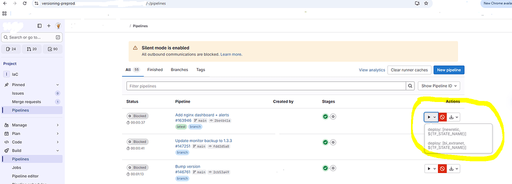 "Builds -> Pipelines" page in Action column does not show jobs in "Run manual or delayed jobs ...