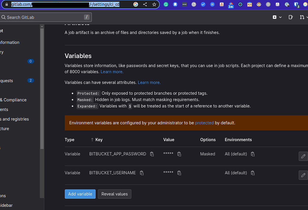 Referencing variables into gitlab pipeline - auth credentials - Error ...