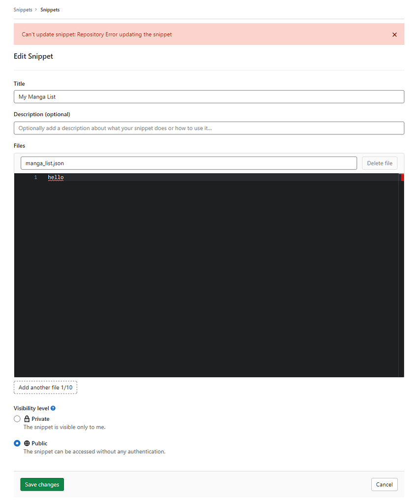 Unable to update specific snippet - General - GitLab Forum