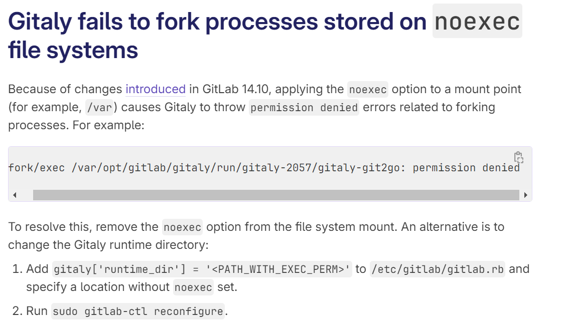 Fork/exec /var/opt/gitlab/gitaly/run/gitaly-2057/gitaly-git2go: permission denied - GitLab for ...