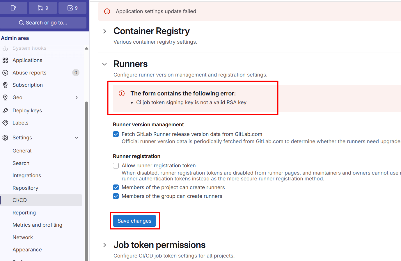 Upgrade to 17.10.1, Admin area setting save error: Ci job token signing key is not a valid RSA ...