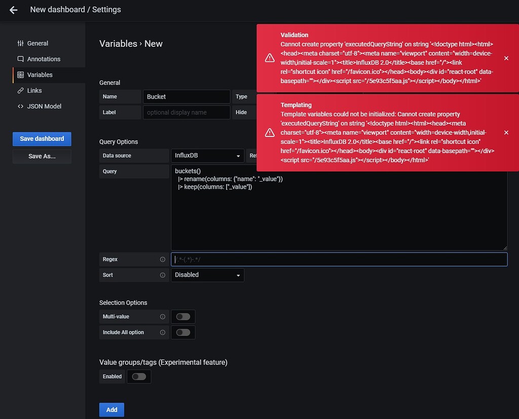 Variable query error using Flux datasource (InfluxDB v2) - InfluxDB - Grafana Labs Community Forums