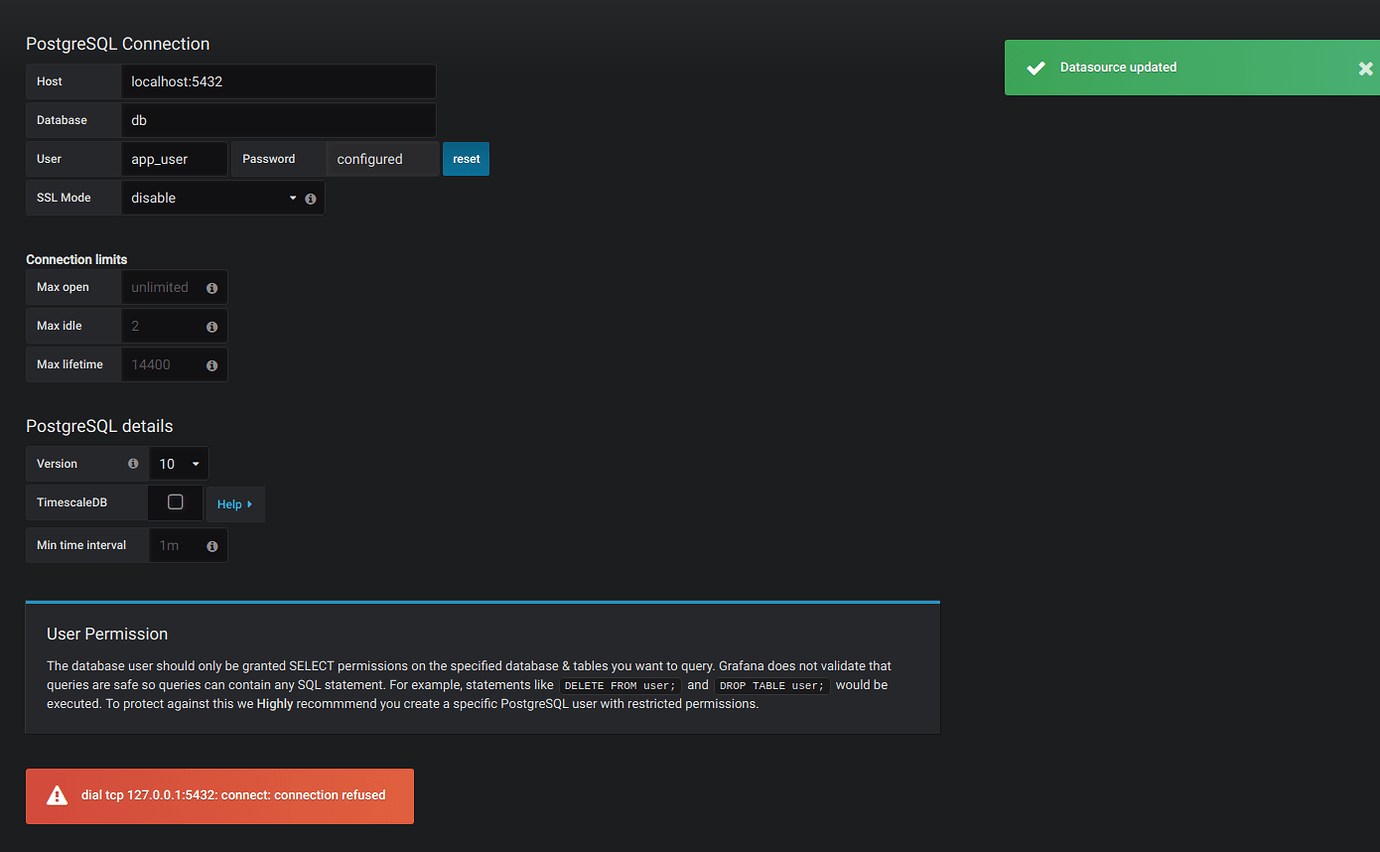Dial tcp 127.0.0.1:5432: connect: connection refused - postgres - Grafana Labs Community Forums