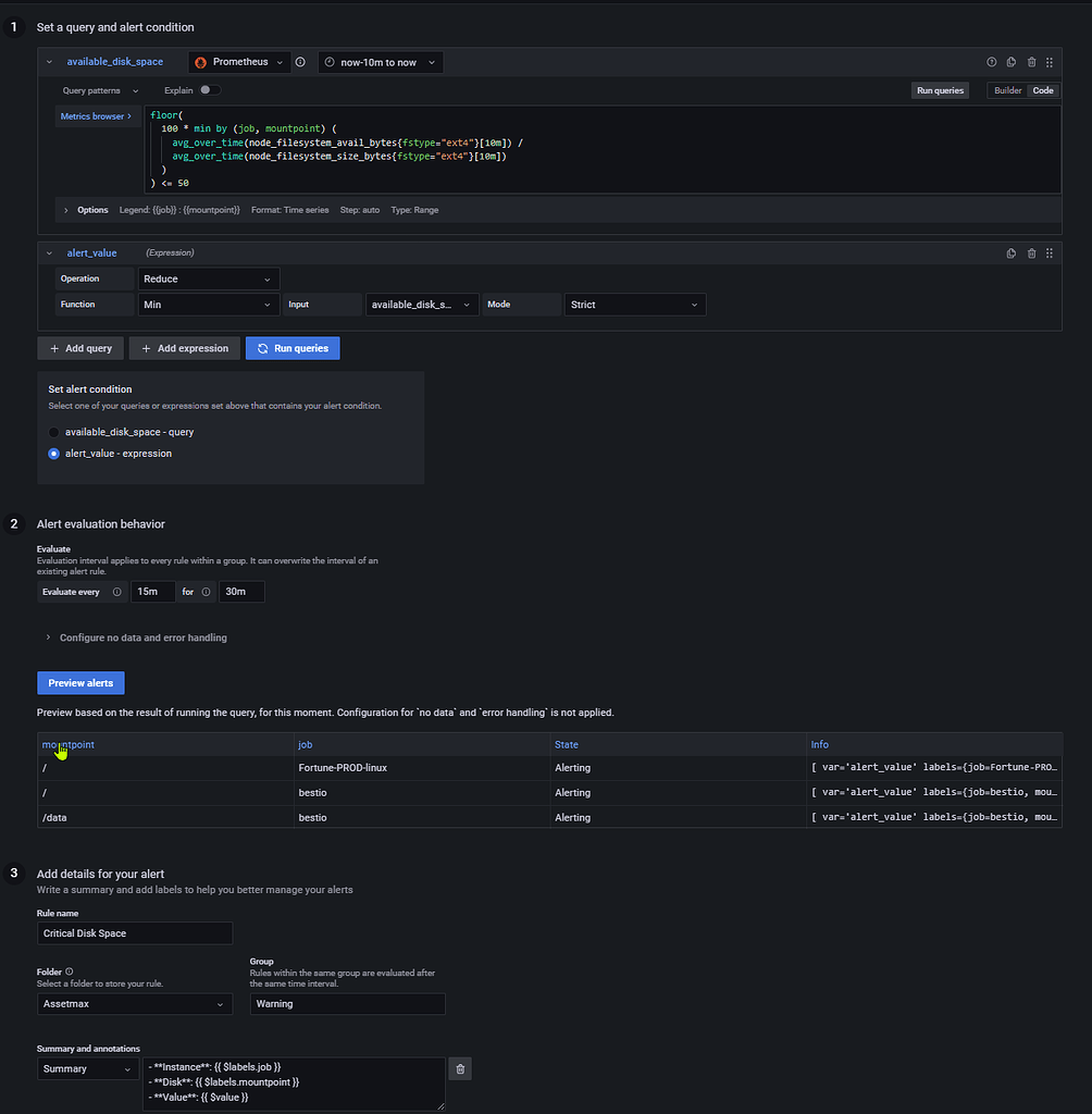 Configuring Alert Rule Summary and Contact Point Template for Disk Space Alerts - Alerting ...