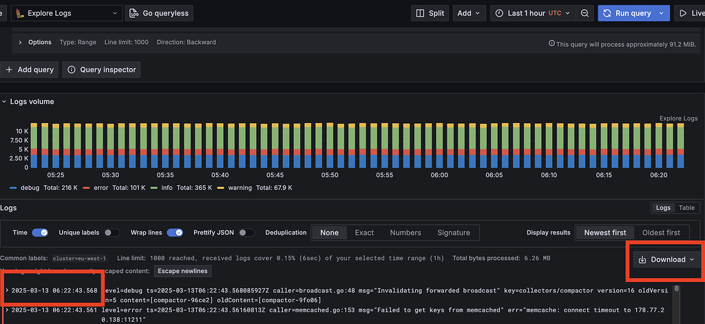 Why does the time component in the Grafana Explorer download file change to a timestamp when ...