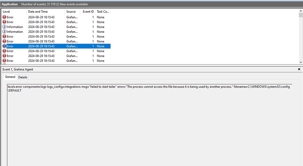 Grafana-agent can’t access the logs on windows; *The process cannot access the file because it ...