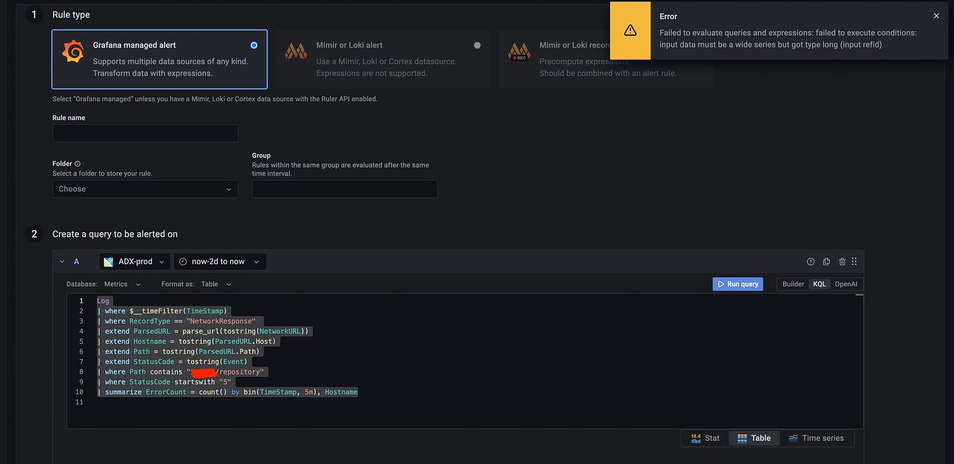 Alert queries fail with "input data must be wide series but got type ...