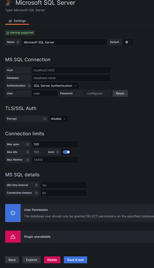 Microsoft SQL Server datasource plugin showing unavailable for Grafana ...