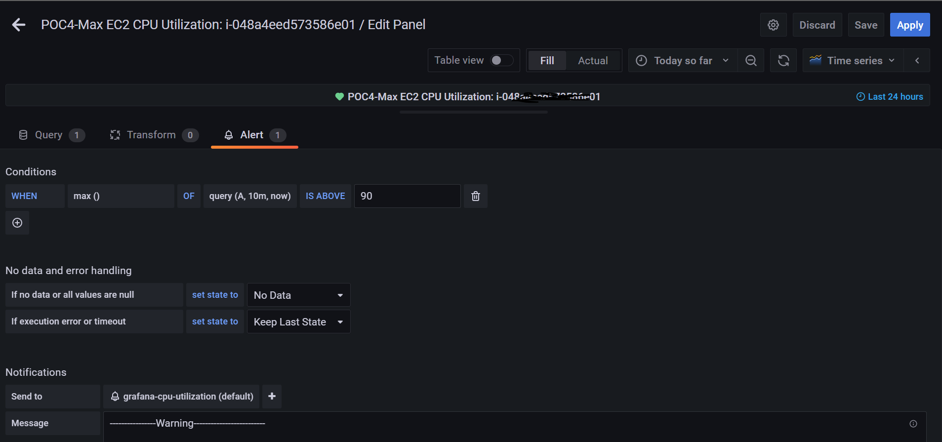 Creating a daily MAX CPU-Utilization using Cloudwatch as a datasource - Alerting - Grafana Labs ...