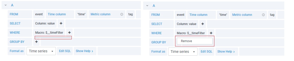 Query builder not showing remove option in drop menu - PostgreSQL - Grafana Labs Community Forums